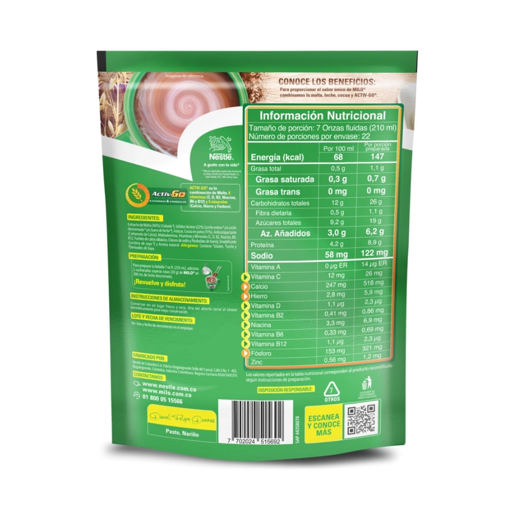 MILO ACTIV-GO DOY PACK BOLSA 440 G - Farmacia Pasteur - Farmacias Pasteur